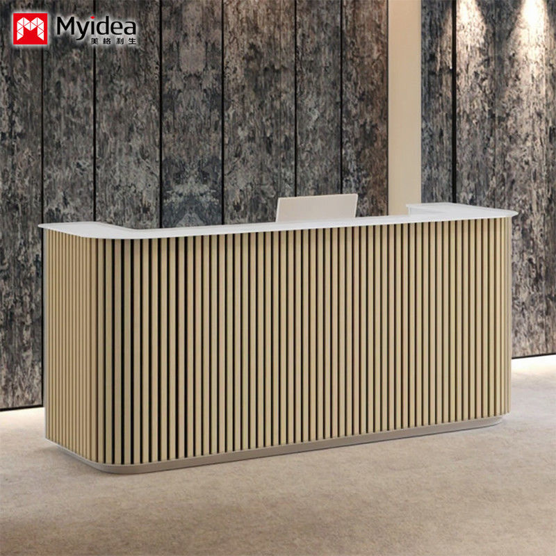 Wooden grille and white mountain patterned rock slab front desk, lobby ...